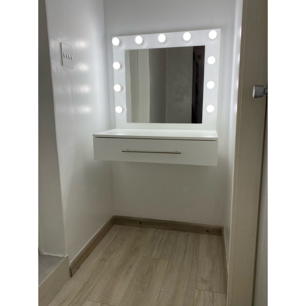 1 Drawer Floating vanity with framed Hollywood mirror – The Vanity Studio